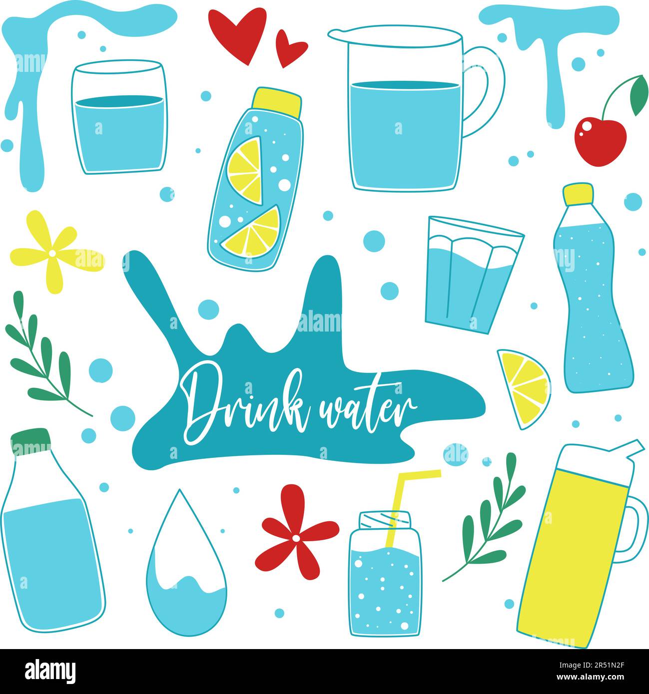 Hand drawn water set. Water drinking concept Stock Vector Image & Art ...