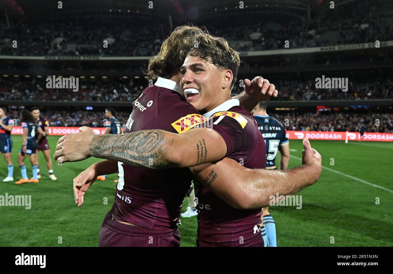 Adelaide, Australia. 31st May, 2023. Maroons players Reece Walsh (right ...