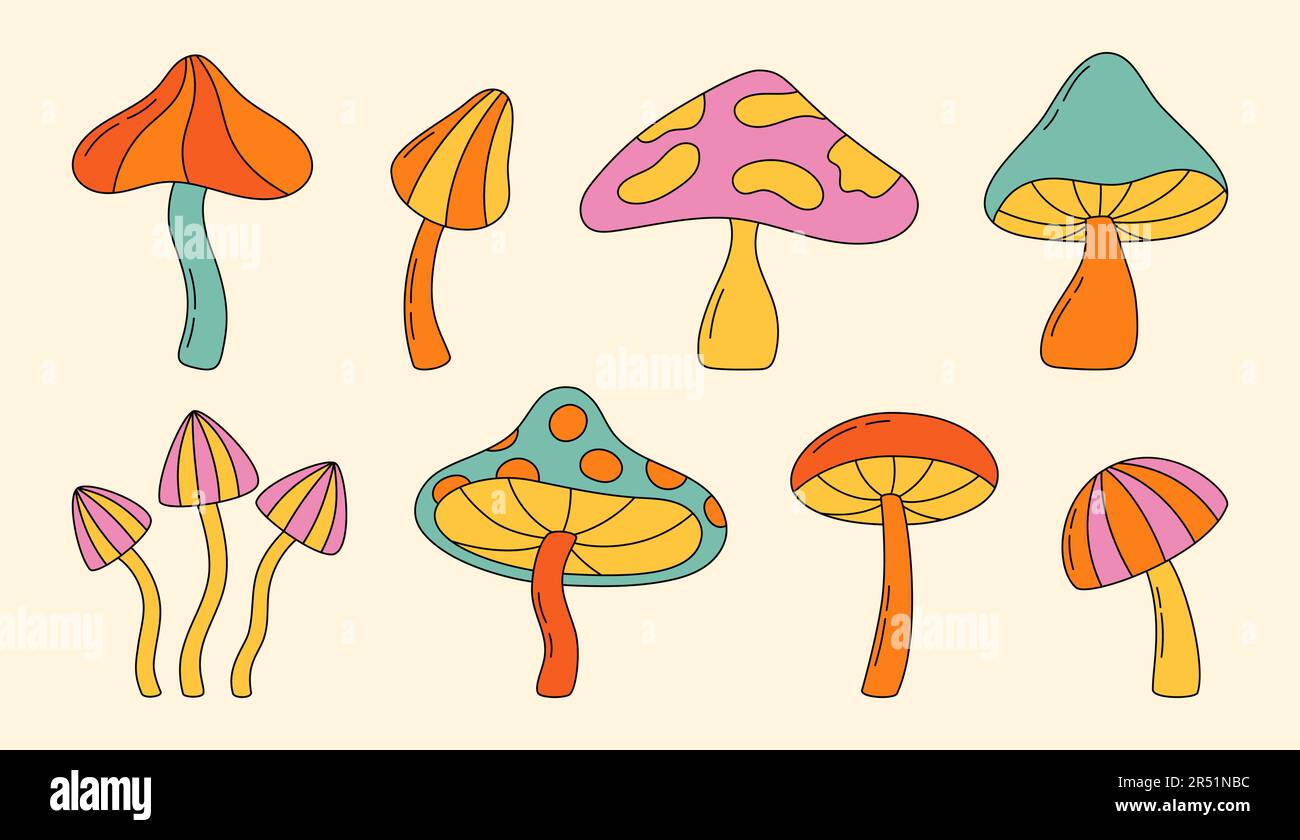 Set of hippie magic mushrooms. Psychedelic colorful abstract mushroom ...