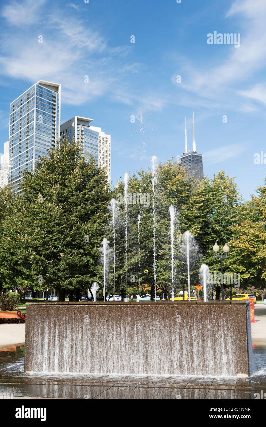 USA, Illinois, Chicago, water fountain at Navy Pier looking back ...