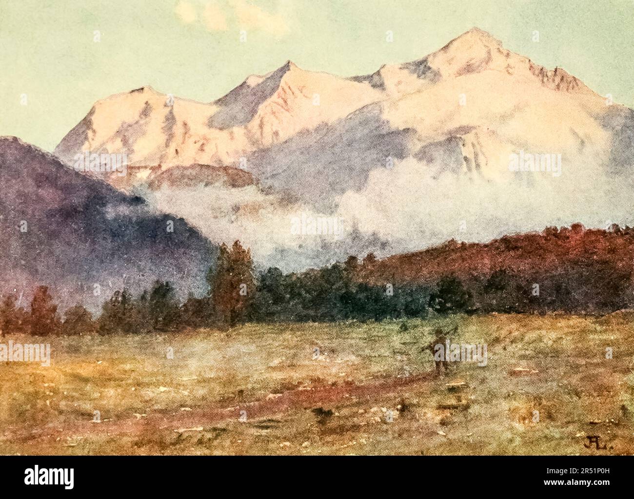 Sunset on Mont Blanc from above Geneva watercolour painting by J ...