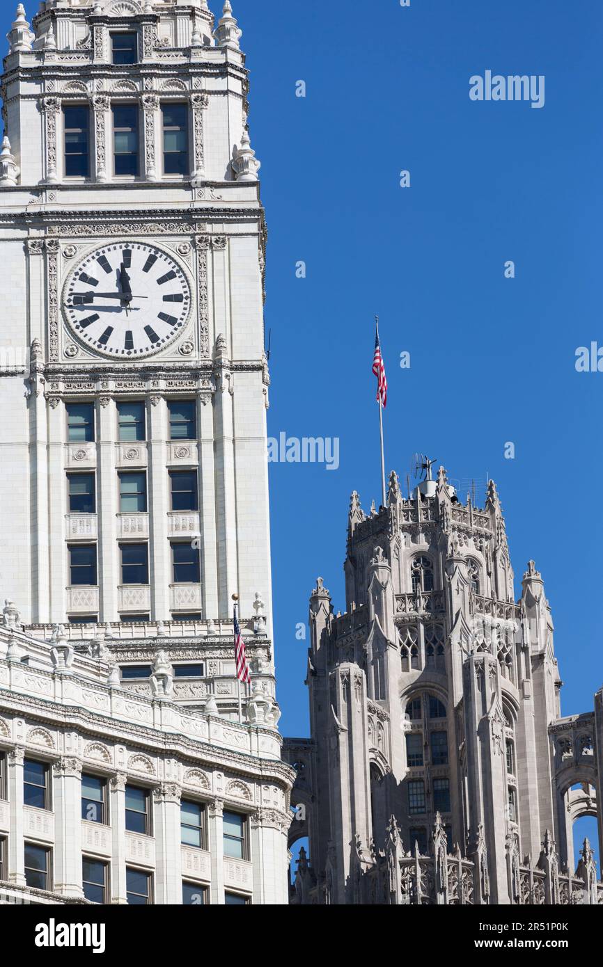 USA, Illinois, Chicago, the Wrigley Building clock tower and Tribune ...