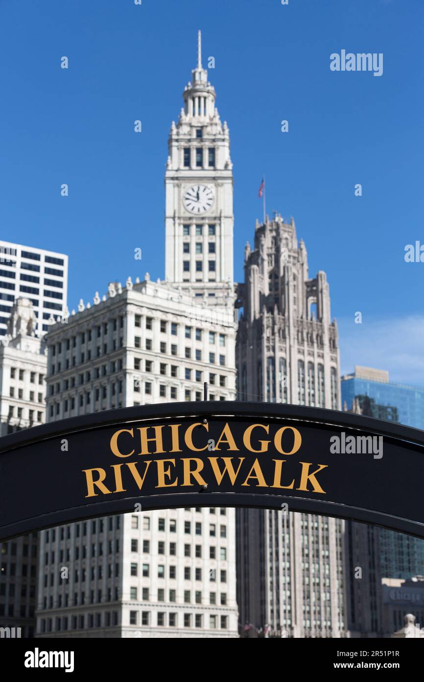 USA, Illinois, Chicago, the Wrigley Building clock tower and Chicago ...
