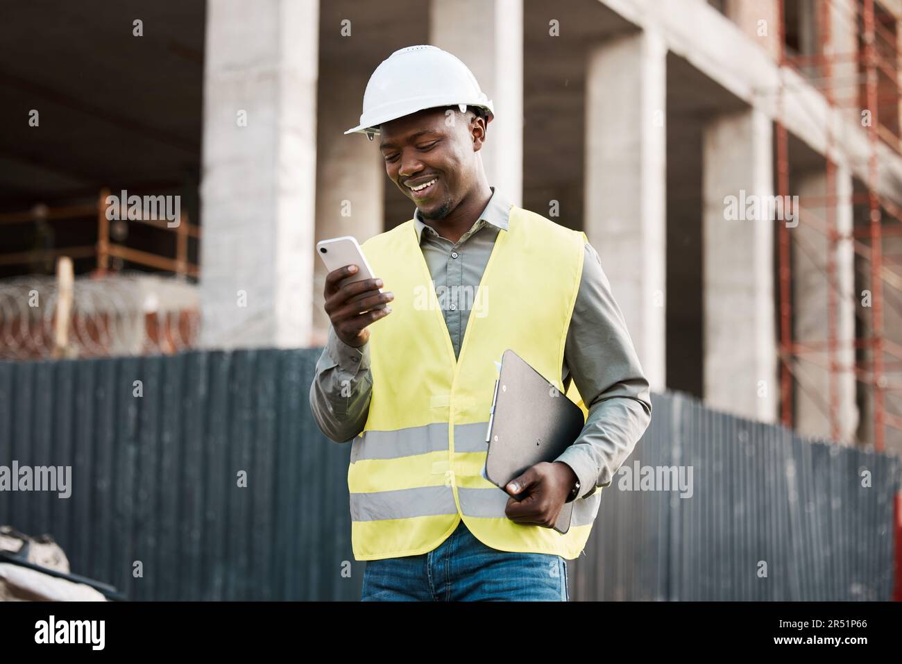 Architecture, phone and inspection with black man on construction site ...