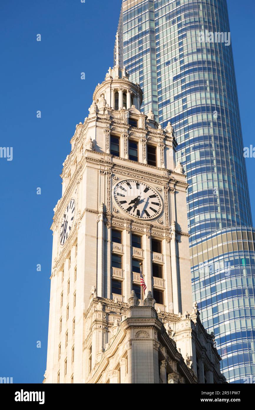 USA, Illinois, Chicago, the Wrigley Building clock tower and the Trump ...