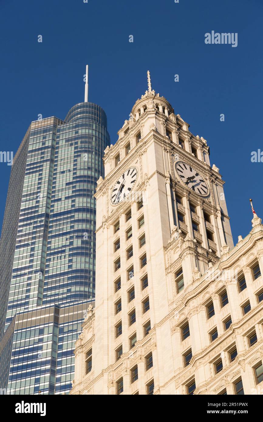 USA, Illinois, Chicago, the Wrigley Building clock tower and the Trump ...