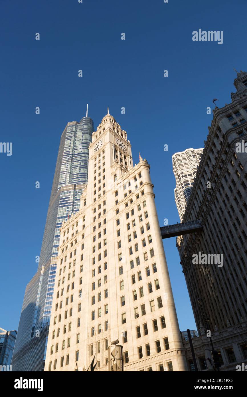 USA, Illinois, Chicago, the Wrigley Building clock tower and the Trump ...
