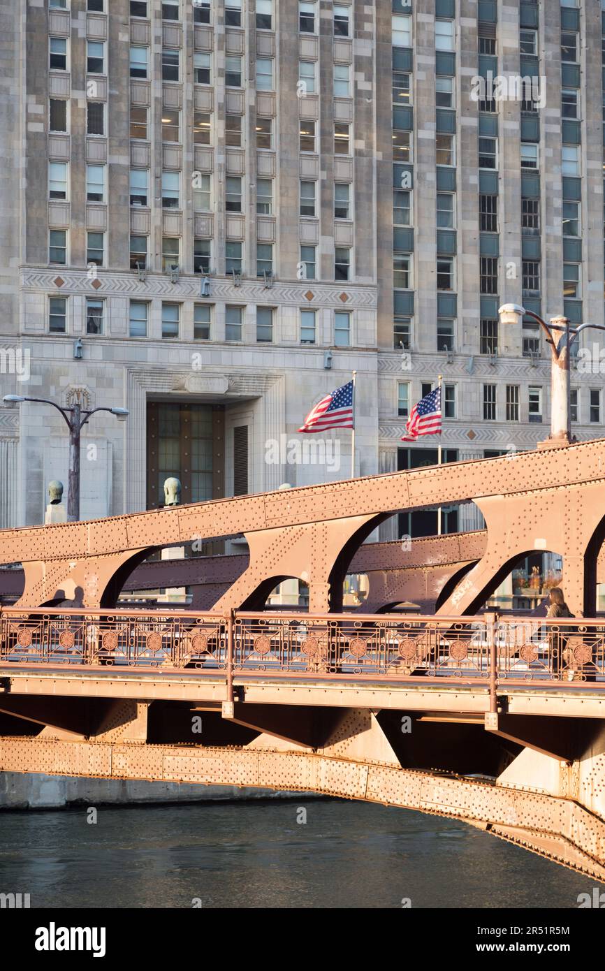 USA. Illinois, Chicago, Franklin-Orleans Street bridge and the ...