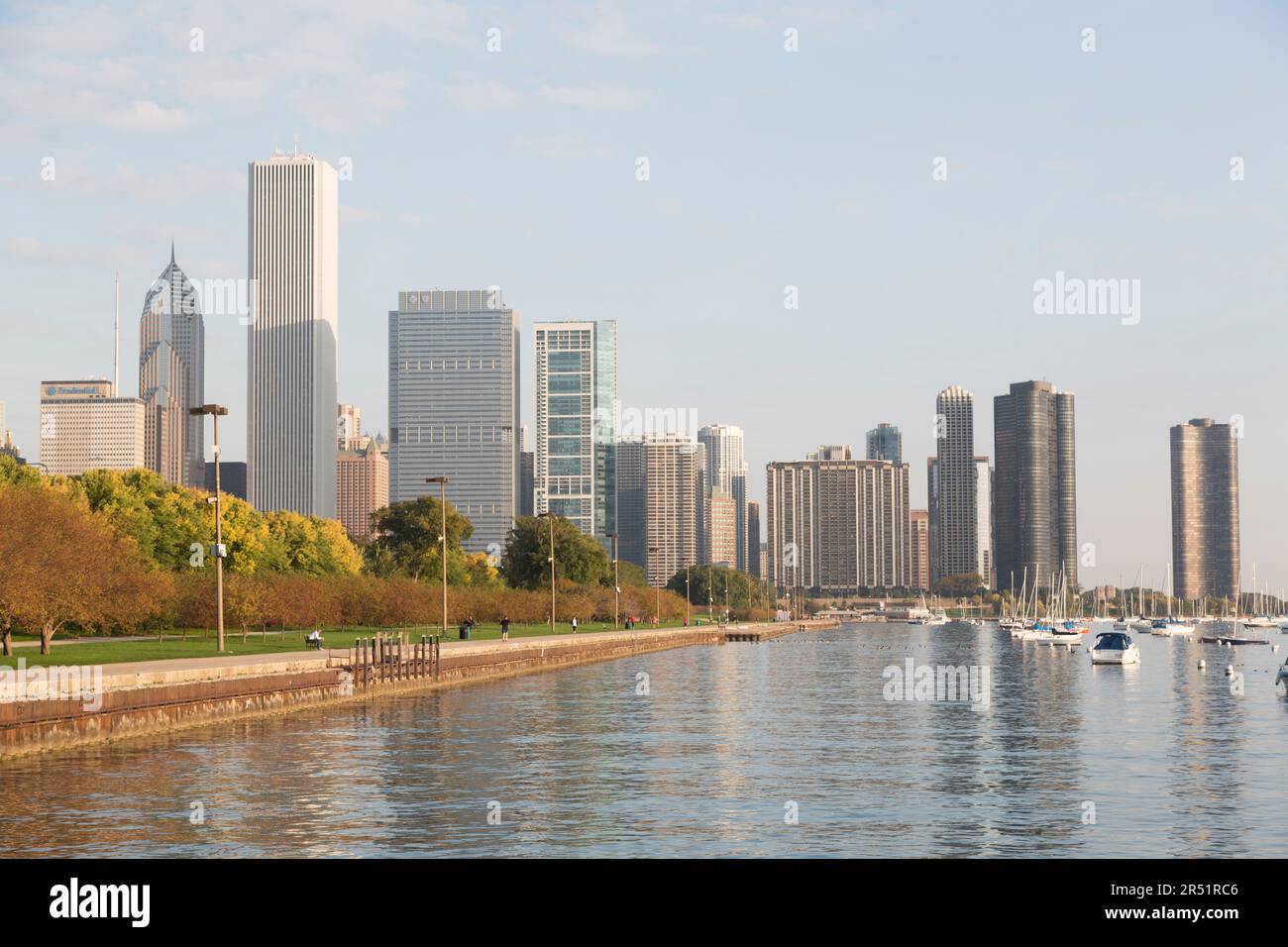 USA, Illinois, Chicago, city skyline and Lakefront trail looking north ...