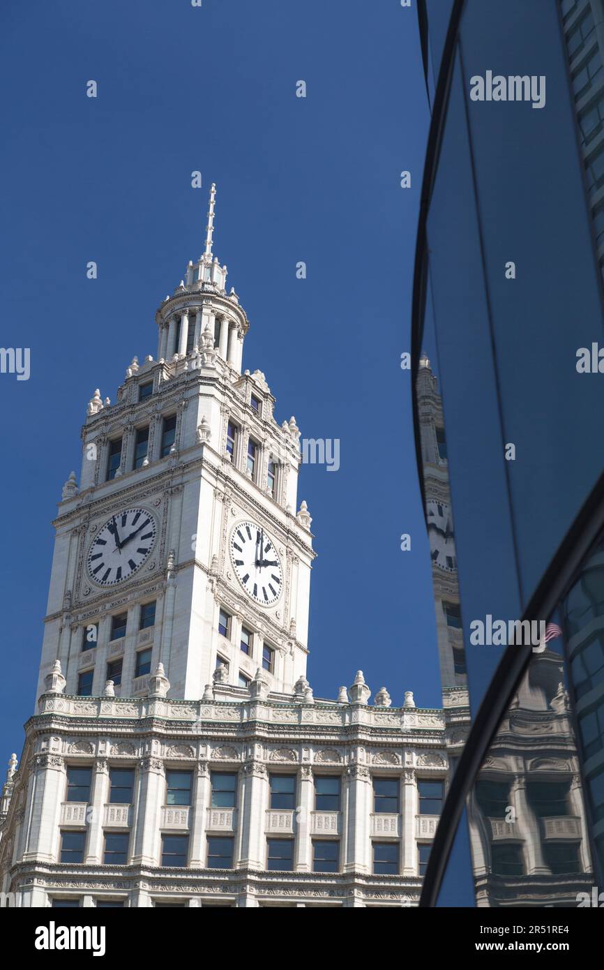 USA, Illinois, Chicago, the Wrigley building clock tower along North ...