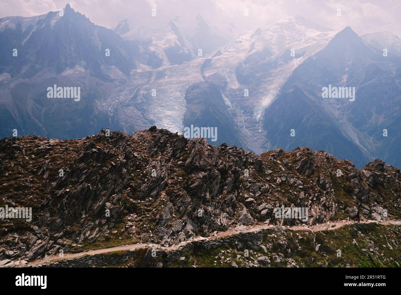Scenic view of Mont Blanc massif seen from Le Brevent, Aiguille Rouges ...