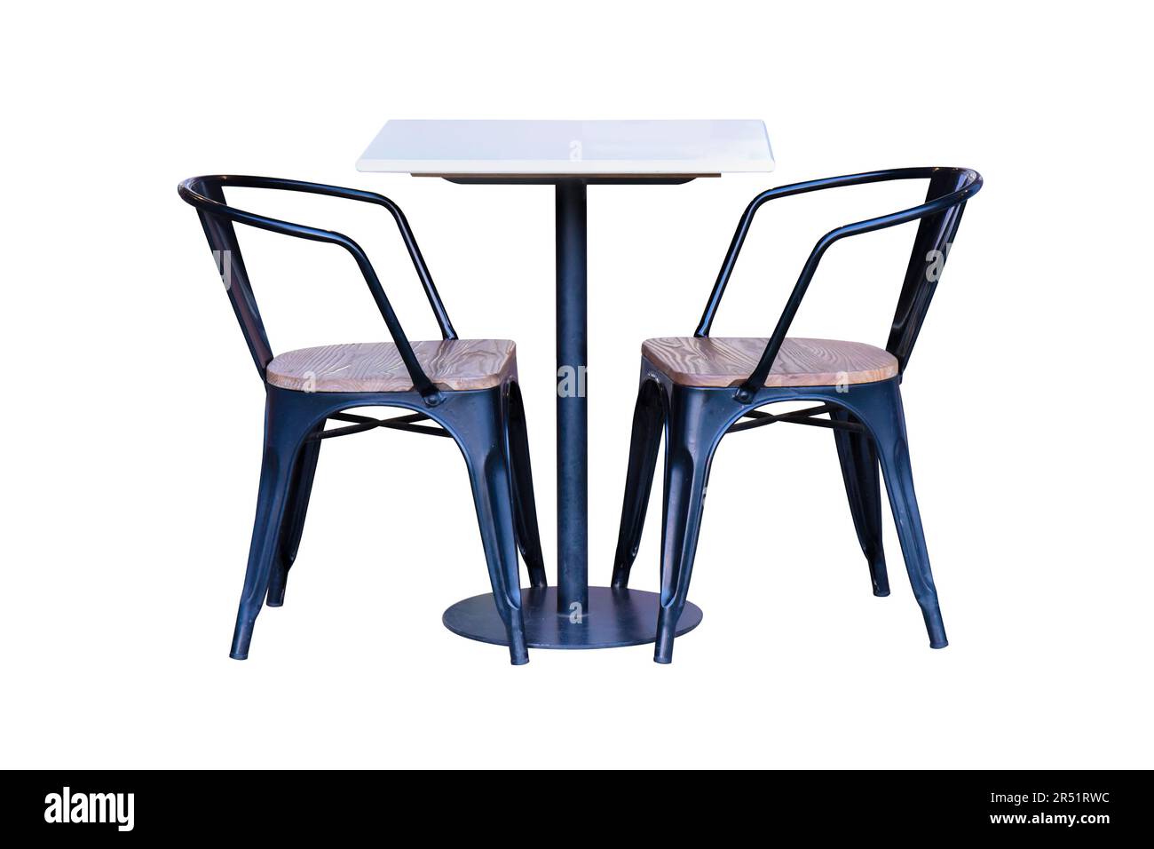 Dining table and chair with steel legs isolated on white background ...