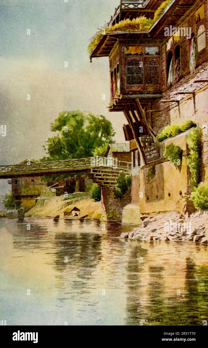 Shawl Merchants' Shops, Third Bridge, Srinagar painted by Major Edward ...