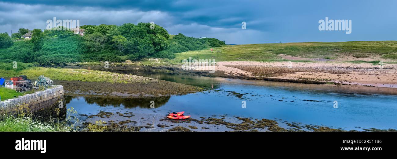 River Brora and the harbour looking across to Brora golf course and ...