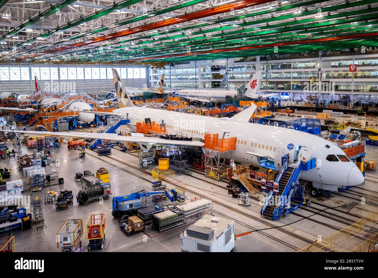 Boeing employees assemble 787s inside their main assembly building on ...