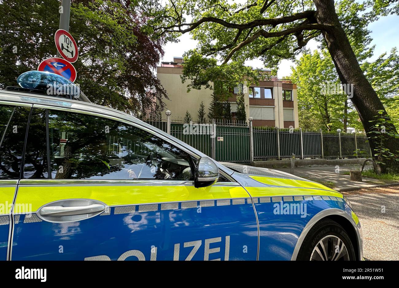 Hamburg, Germany. 31st May, 2023. A police vehicle stands in front of ...