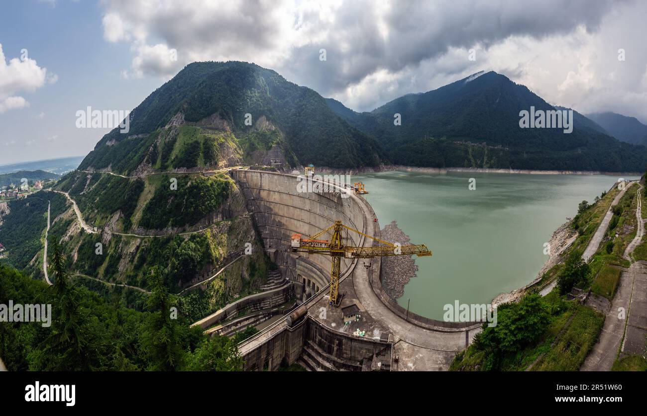 The Enguri hydroelectric power station HES. The wide Inguri River Jvari ...