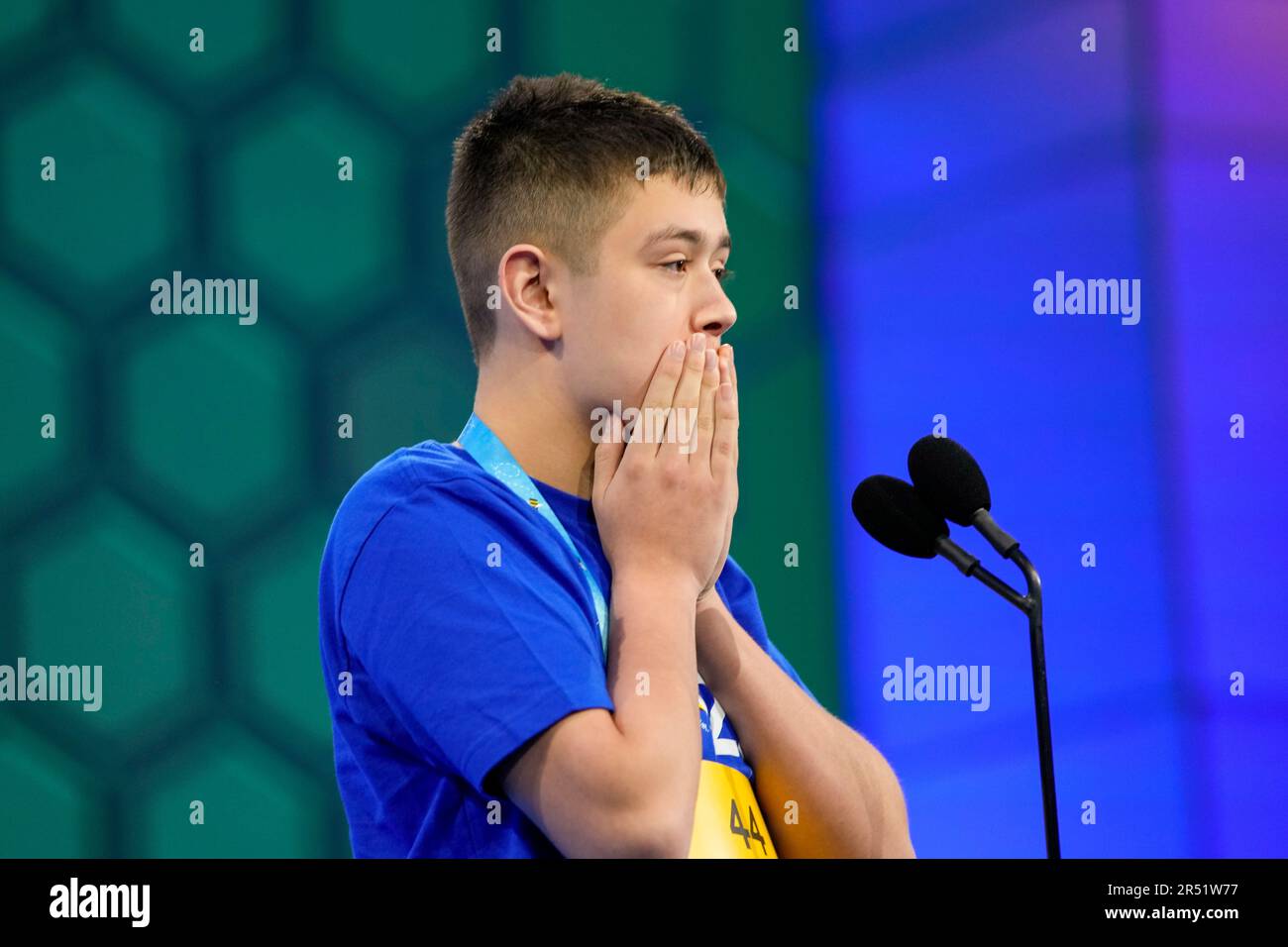 Matthew Baber, 13, from Peachtree City, Ga., reacts as he competes ...