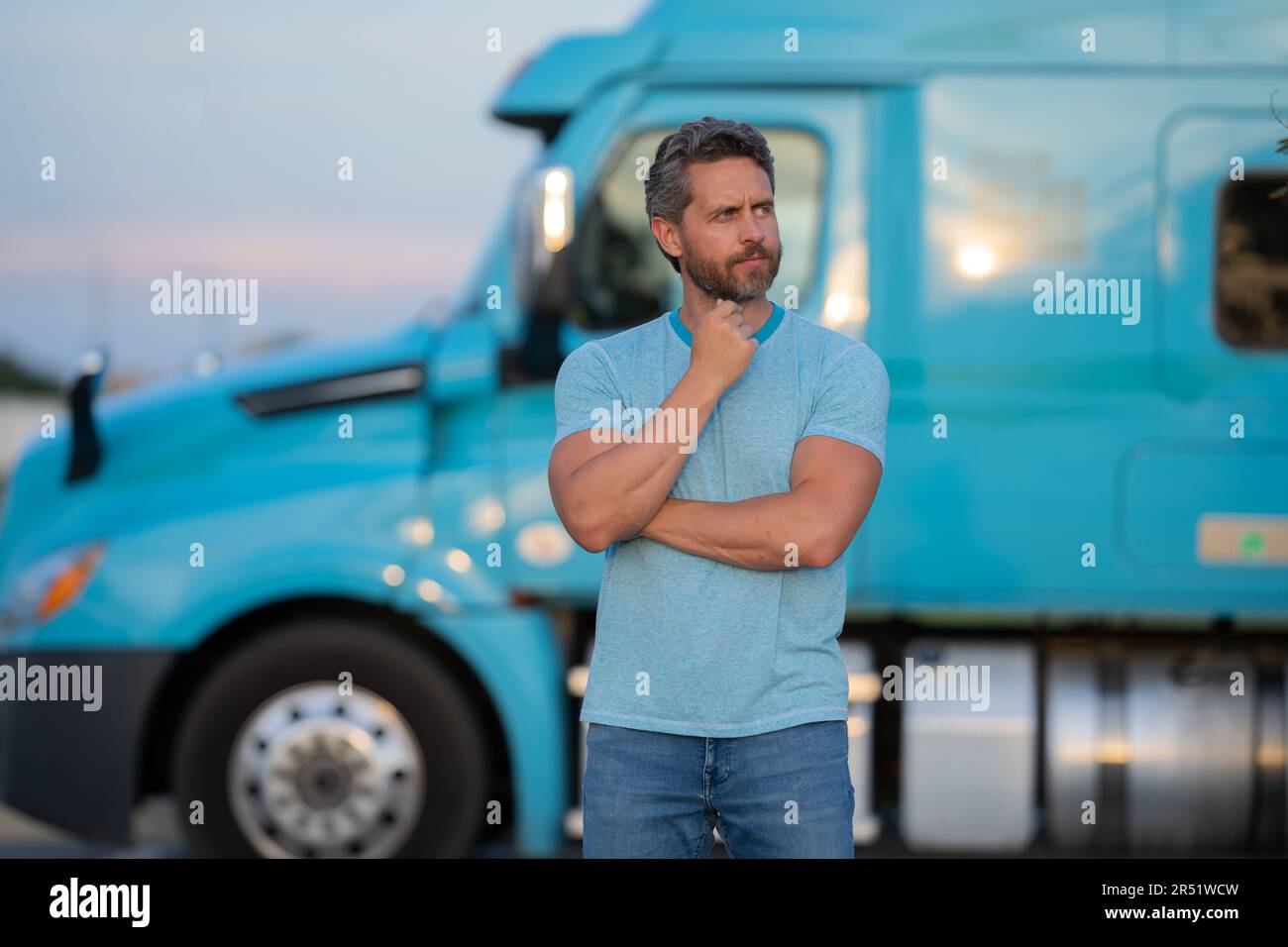 Men driver near lorry truck. Man owner truck driver near truck ...