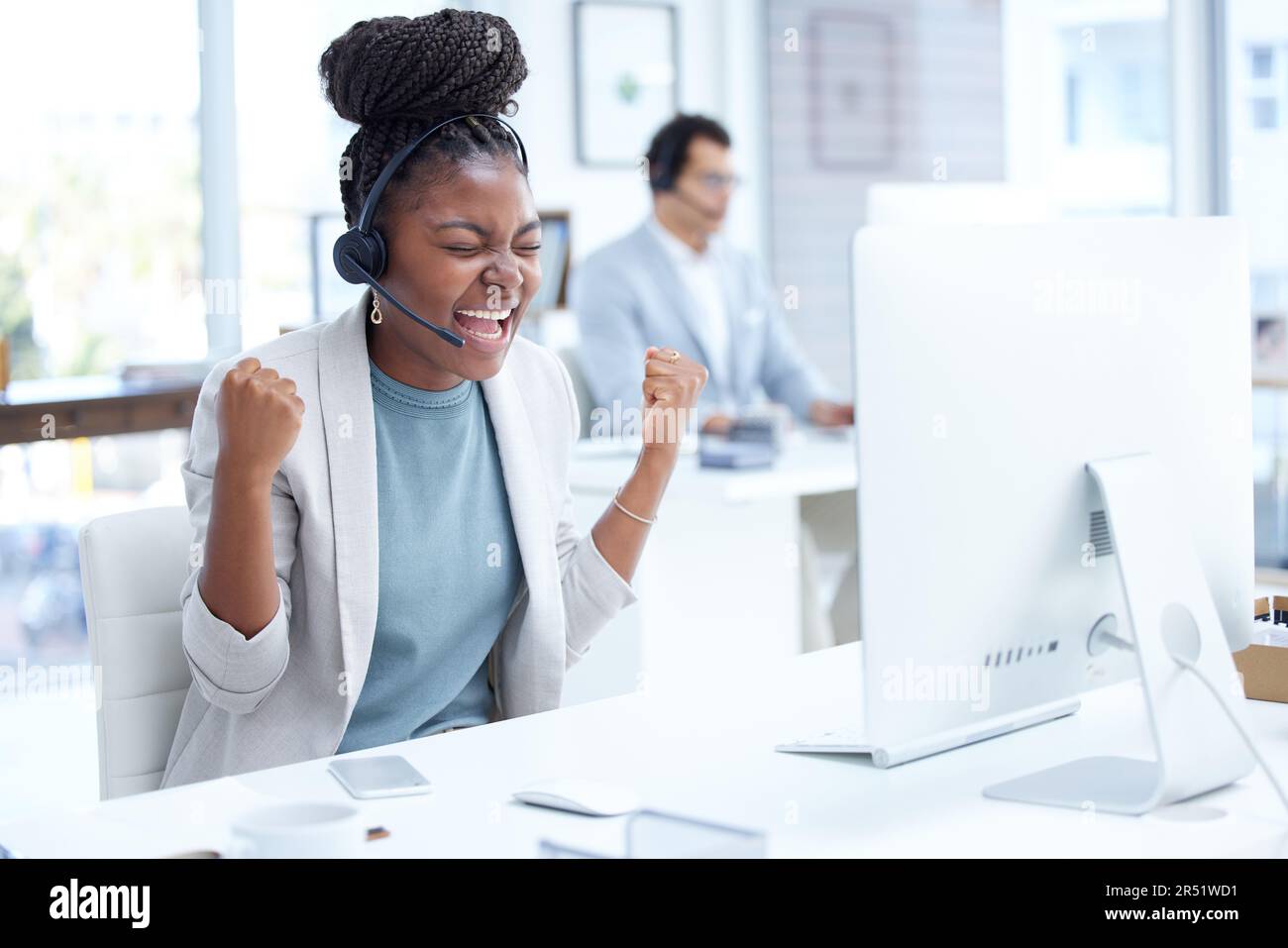 Call center, headset and black woman celebrate success in customer ...