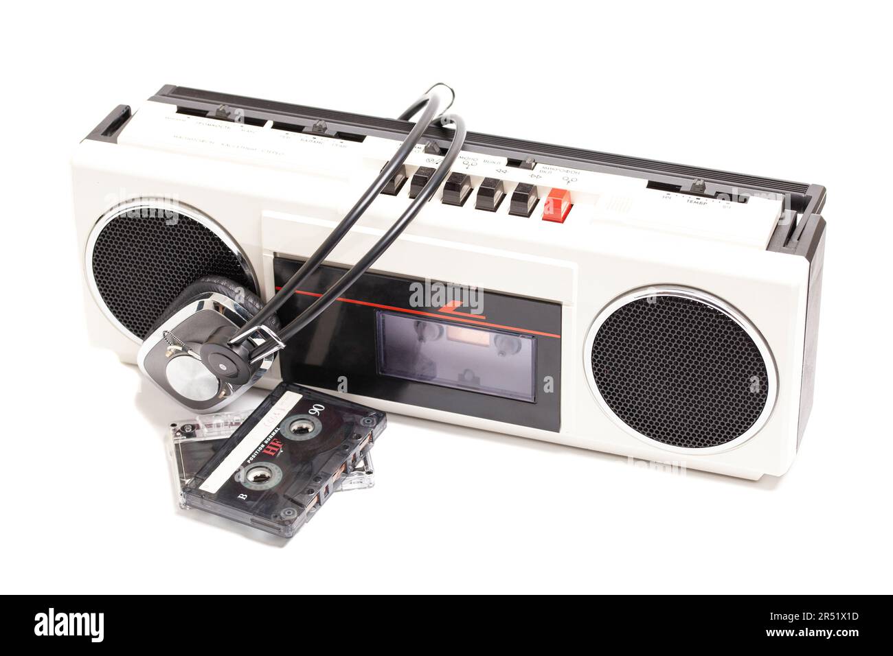 Retro portable stereo cassette recorder from 80s. with headphones and Audio cassette tape Stock ...