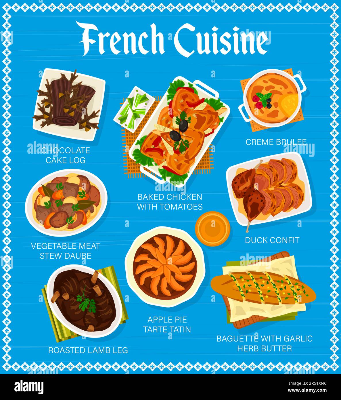 French cuisine menu page design. Creme brulee, chocolate cake log and ...