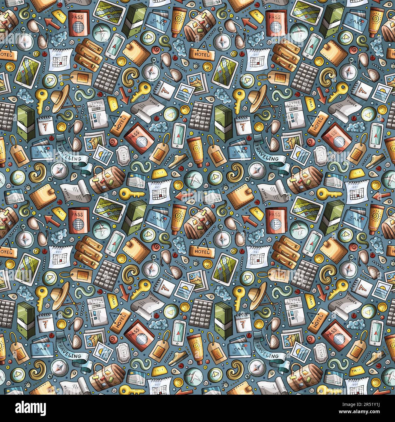 Cartoon cute traveling seamless pattern. Colorful detailed, with lots ...