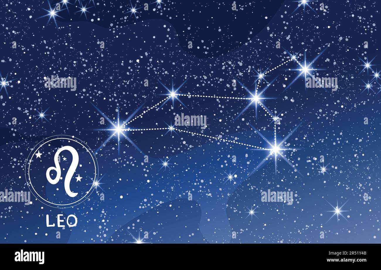 Leo constellation in the blue night sky, zodiac sign, modern astrology banner for horoscope ...