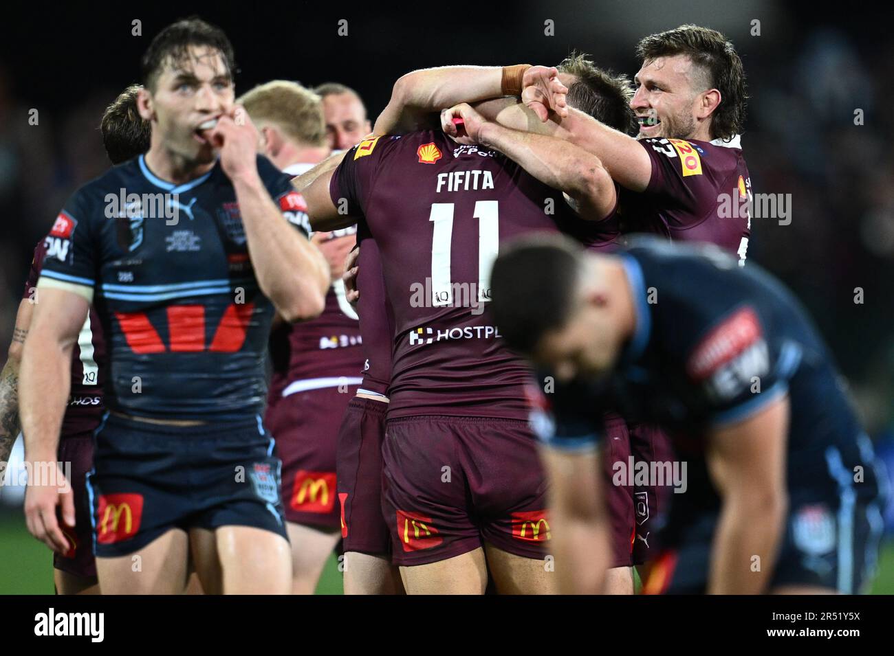 Adelaide, Australia. 28th May, 2023. The Maroons celebrate during State ...