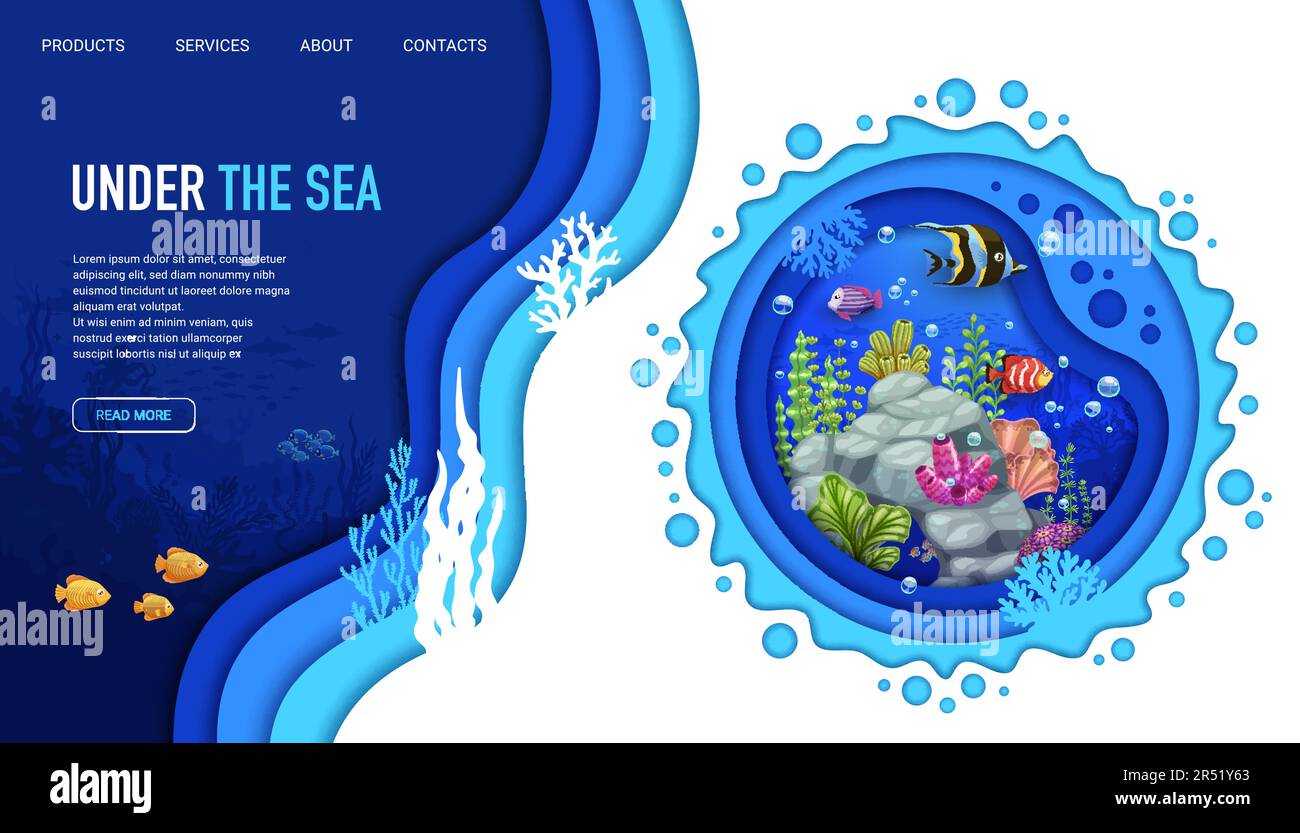 Landing page, cartoon underwater paper cut landscape, vector undersea ...