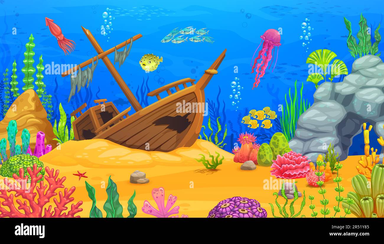 Game level on cartoon underwater landscape with sunken ship. Fish shoal ...