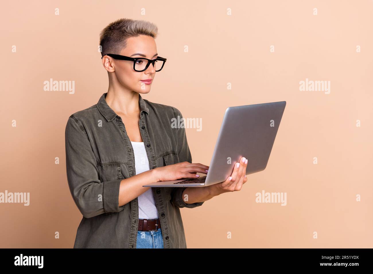 Photo of young project manager work girl blonde short hairstyle hold ...