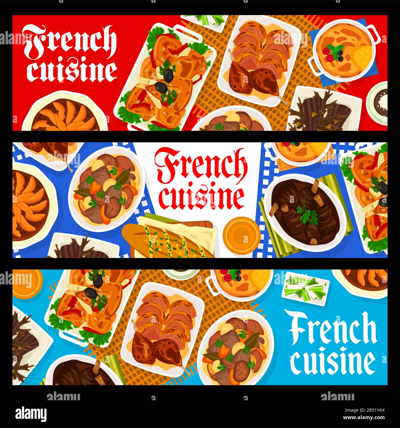 French cuisine food banners. Chocolate cake log, roasted lamb leg and ...