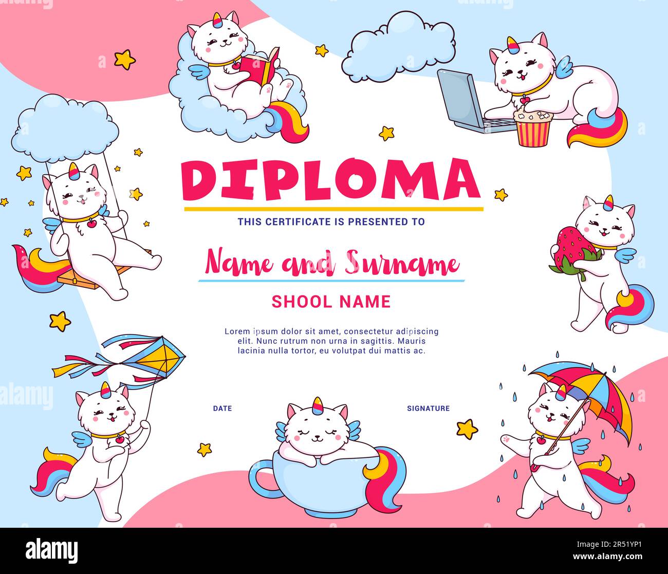 Kids diploma. Cartoon cute caticorn characters vector certificate ...