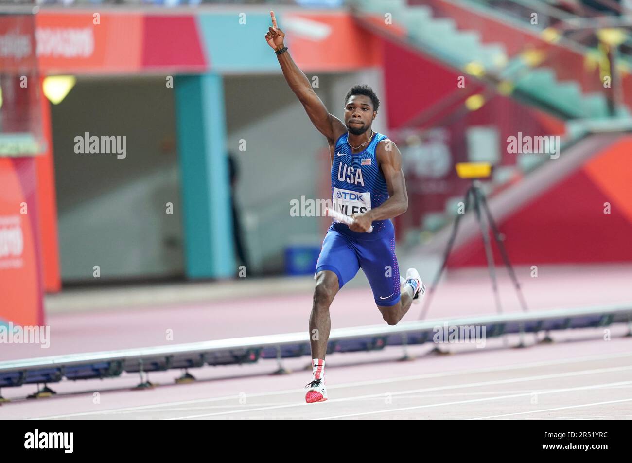 Noah LYLES winning the 4x100m relay at the 2019 World Athletics ...