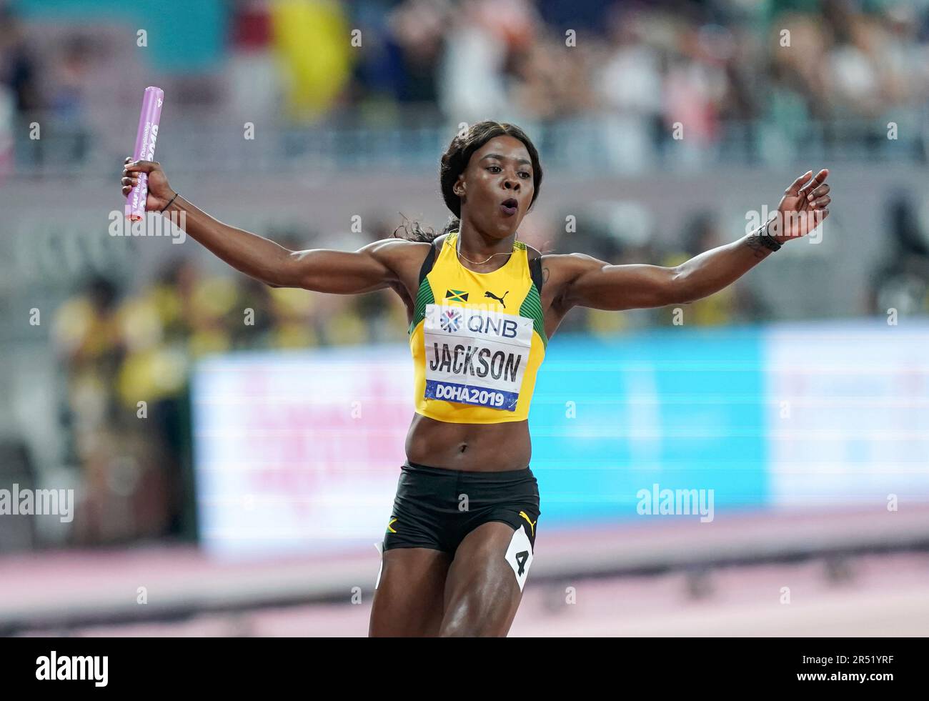 Shericka JACKSON running the 4x100m relay at the 2019 World Athletics ...