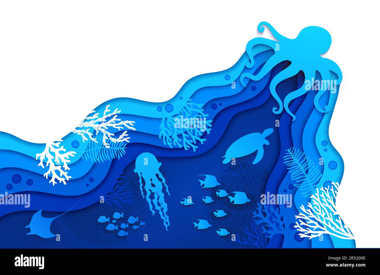 Underwater paper cut silhouette landscape, octopus and seaweeds, fish ...