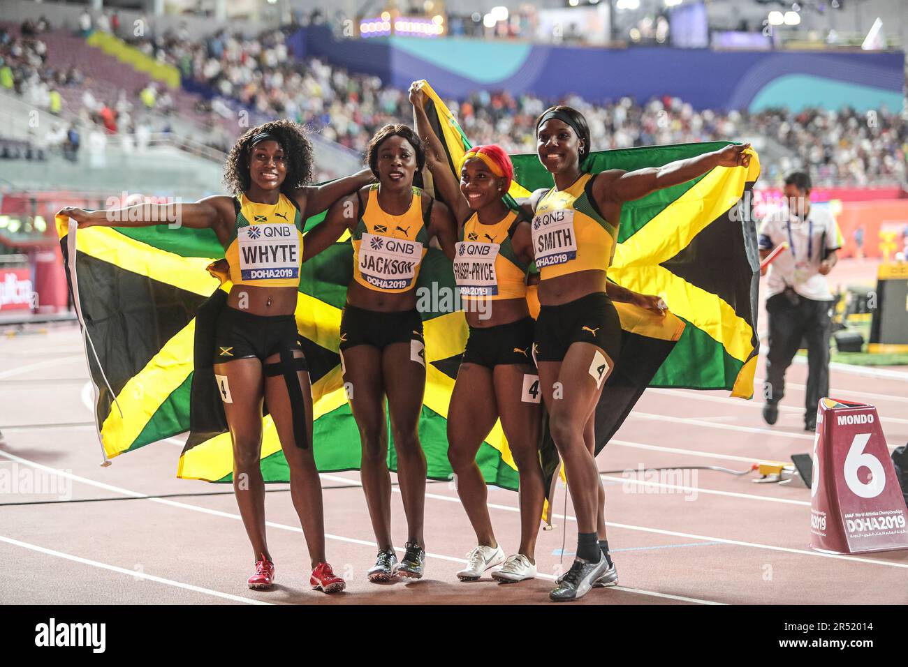 Jamaica Team Woman running the 4x100m relay at the 2019 World Athletics ...