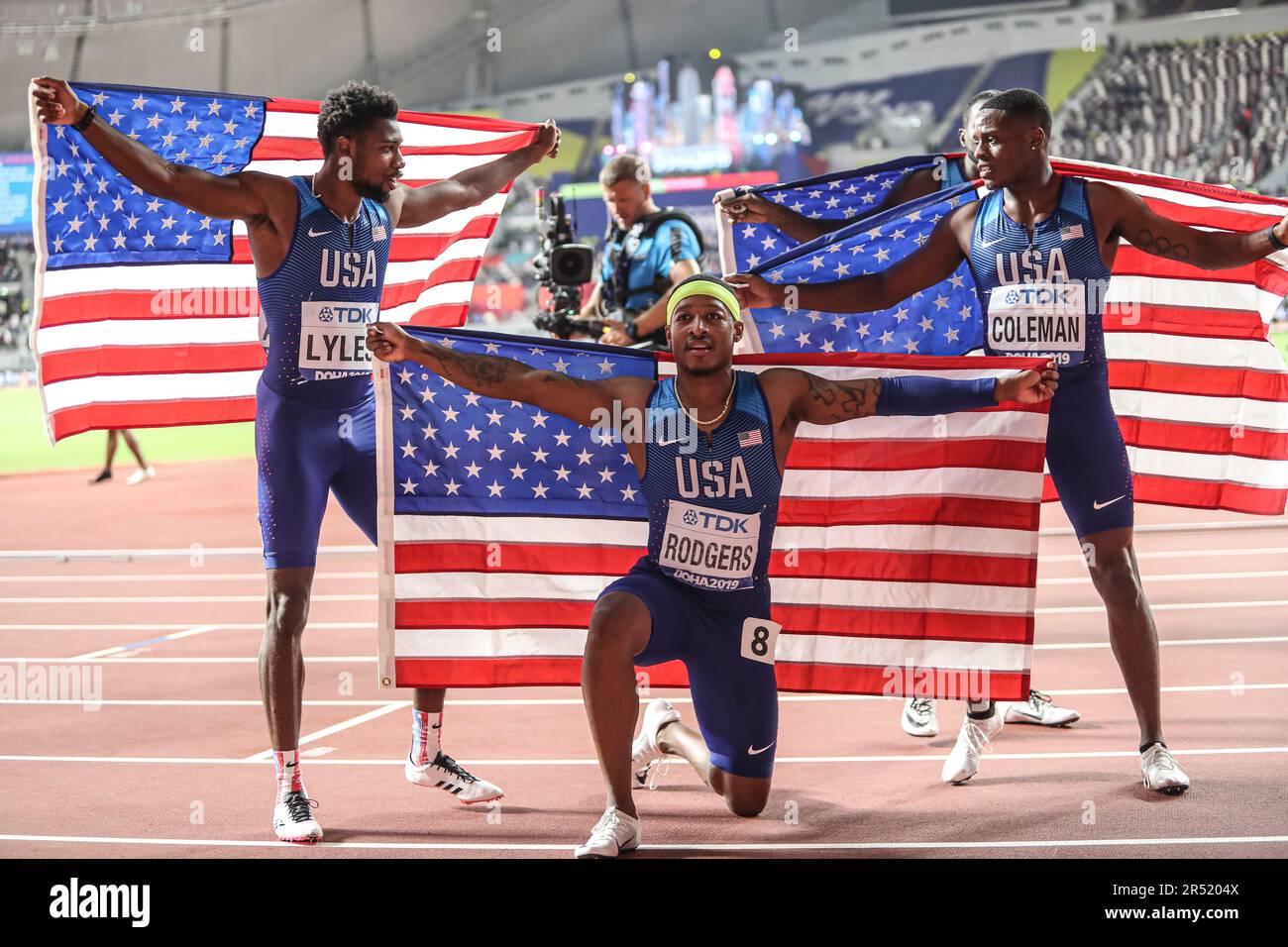 USA Team Mens running the 4x100m relay at the 2019 World Athletics ...