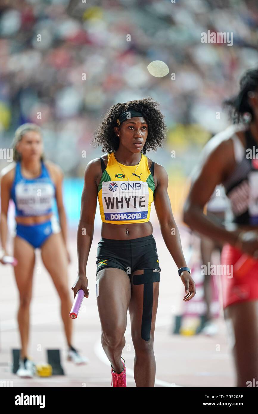 Natalliah WHYTE running the 4x100m relay at the 2019 World Athletics ...