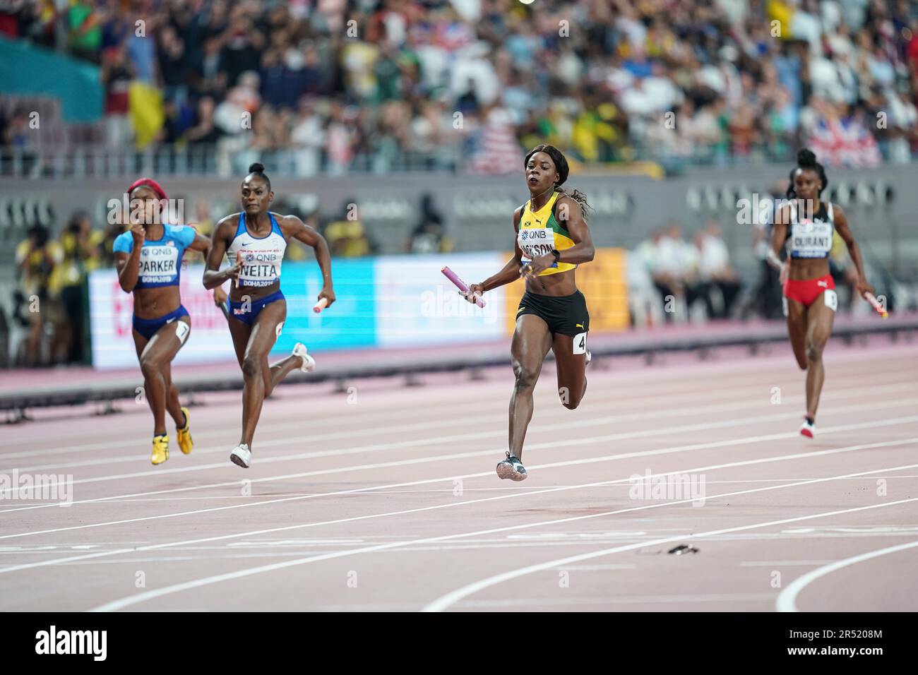 Shericka JACKSON running the 4x100m relay at the 2019 World Athletics ...