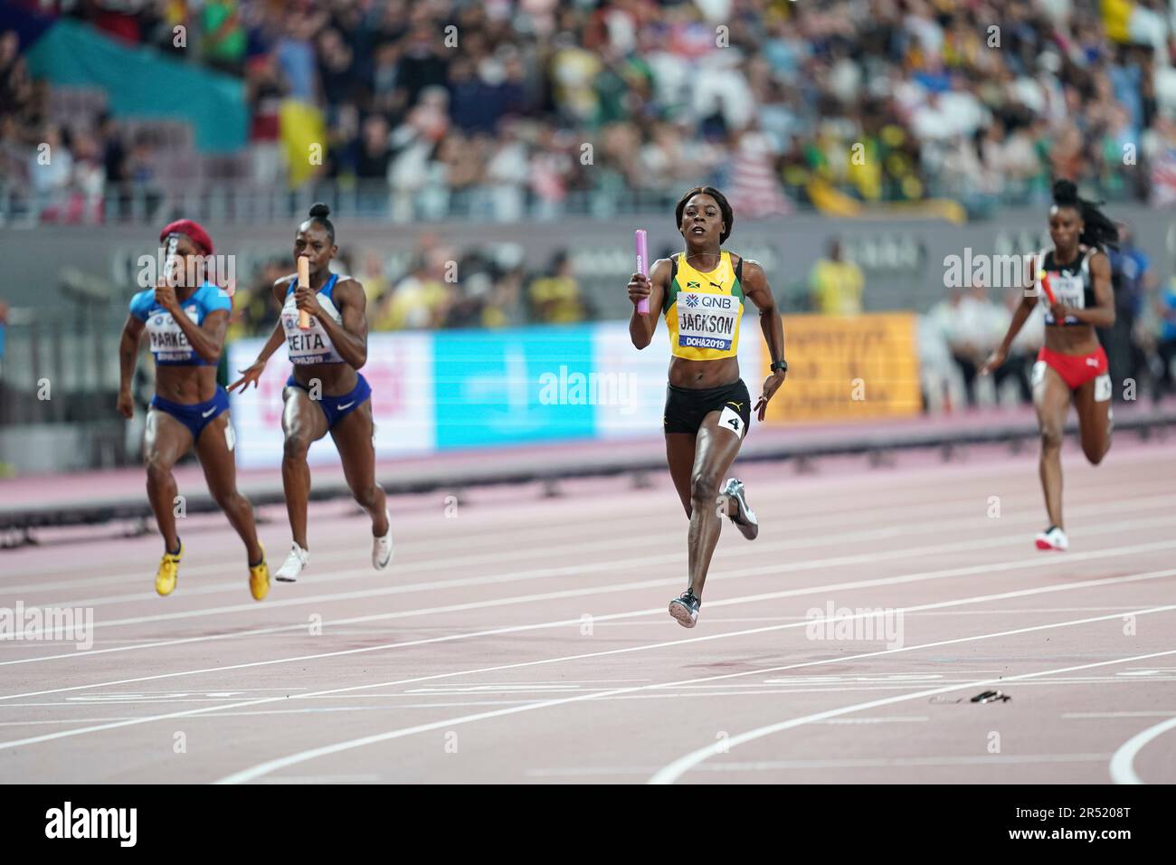 Shericka JACKSON running the 4x100m relay at the 2019 World Athletics ...