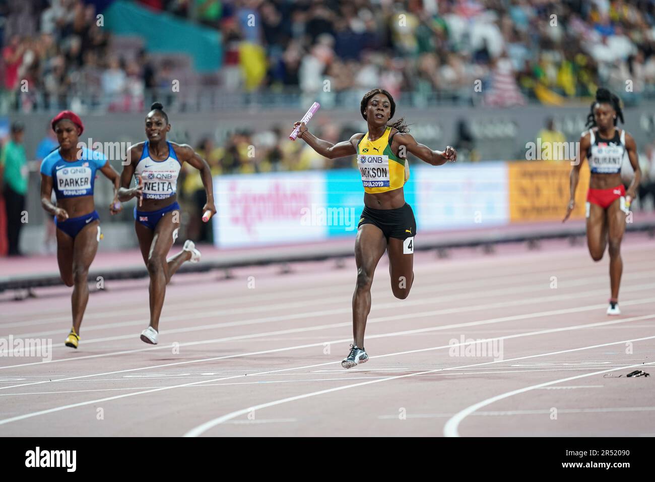 Shericka JACKSON running the 4x100m relay at the 2019 World Athletics ...