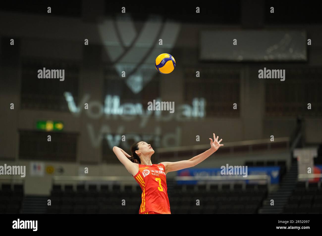 Nagoya, Japan. 31st May, 2023. Diao Linyu of China serves during the 2023 Volleyball Nations ...