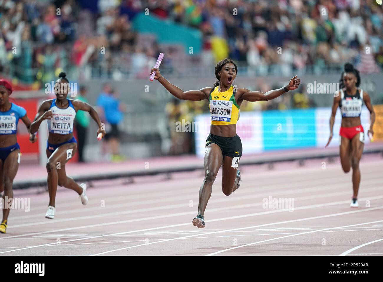 Shericka JACKSON running the 4x100m relay at the 2019 World Athletics ...