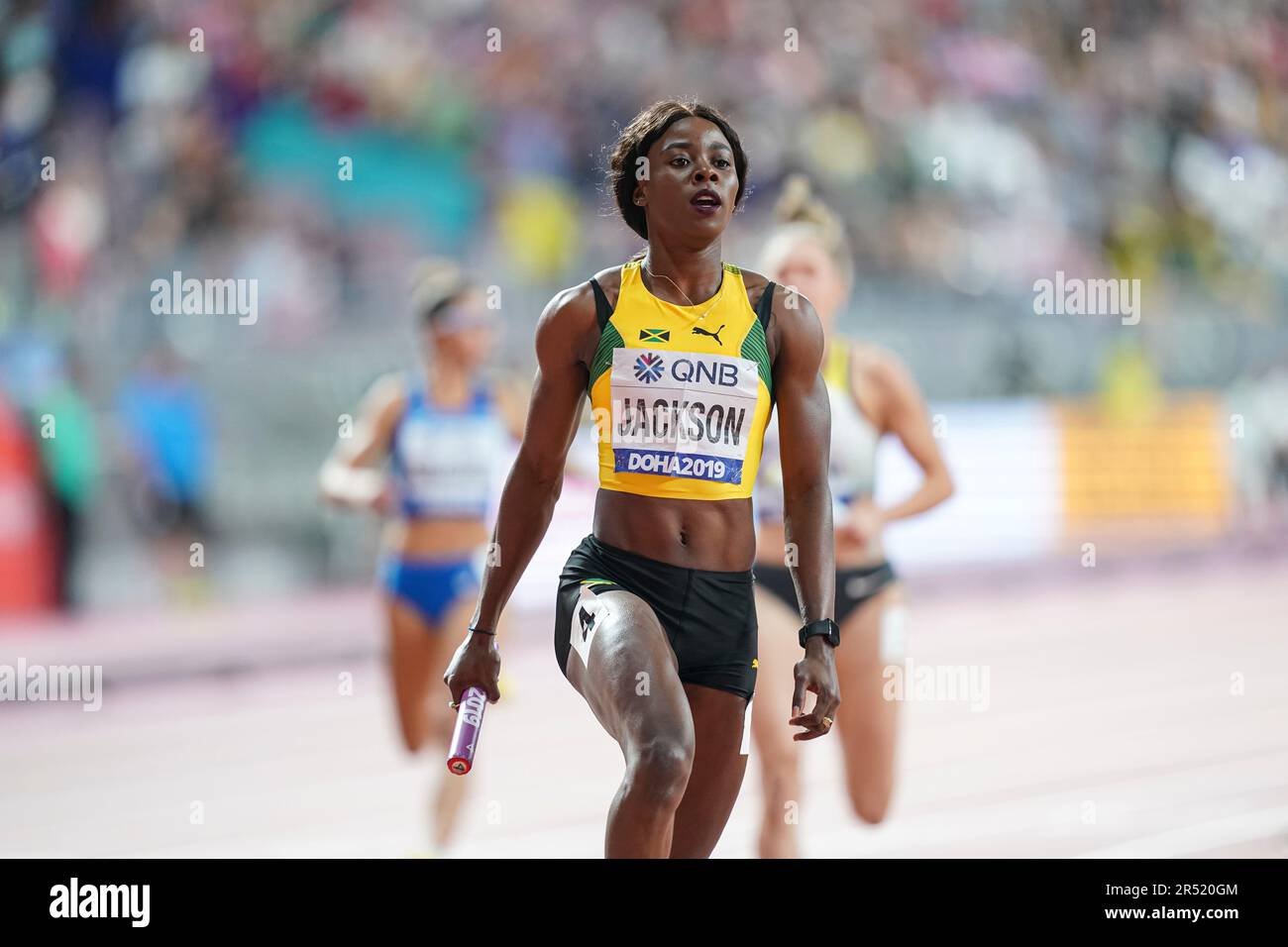 Shericka JACKSON running the 4x100m relay at the 2019 World Athletics ...