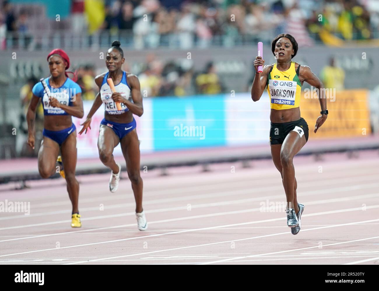 Shericka JACKSON running the 4x100m relay at the 2019 World Athletics ...