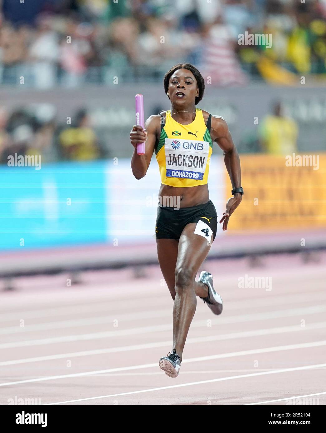 Shericka JACKSON running the 4x100m relay at the 2019 World Athletics ...