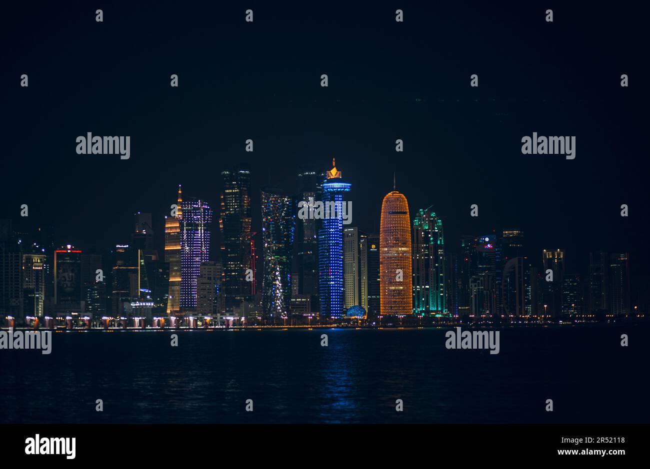 Night image of the Corniche area of the city of Doha (Qatar Stock Photo ...