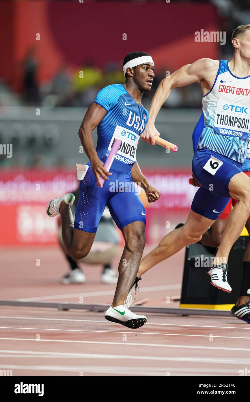 Wilbert LONDON running the 4x400m relay at the 2019 World Athletics ...